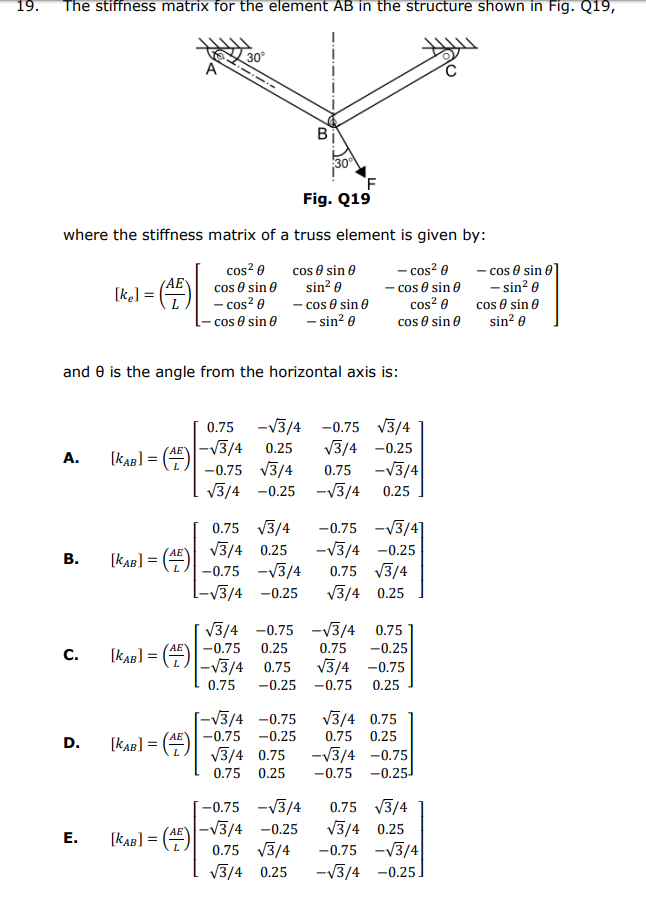 Solved 19. The stiffness matrix for the element AB in the | Chegg.com