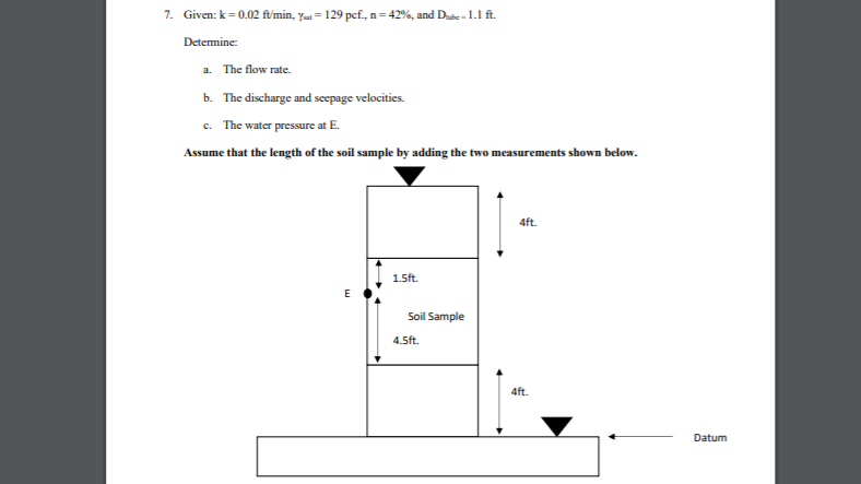 Solved 7. Given: k=0.02 ft/min, yer = 129 pcf., n=42%, and | Chegg.com