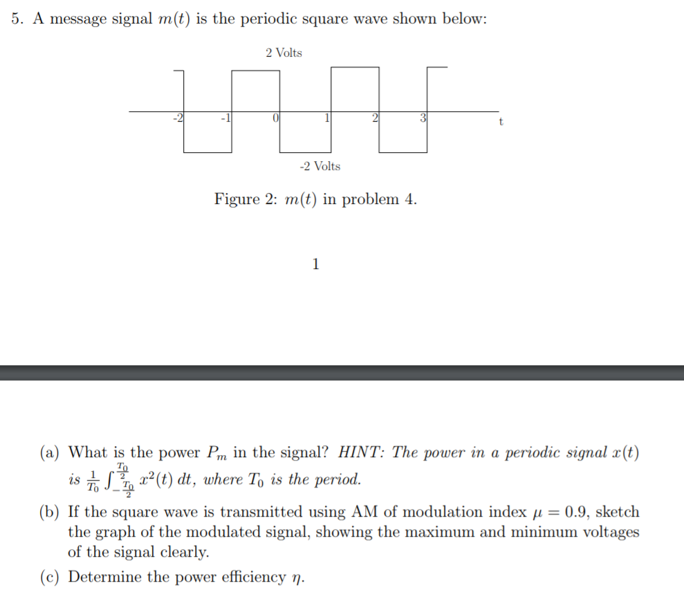 Solved 5. A message signal m(t) is the periodic square wave | Chegg.com