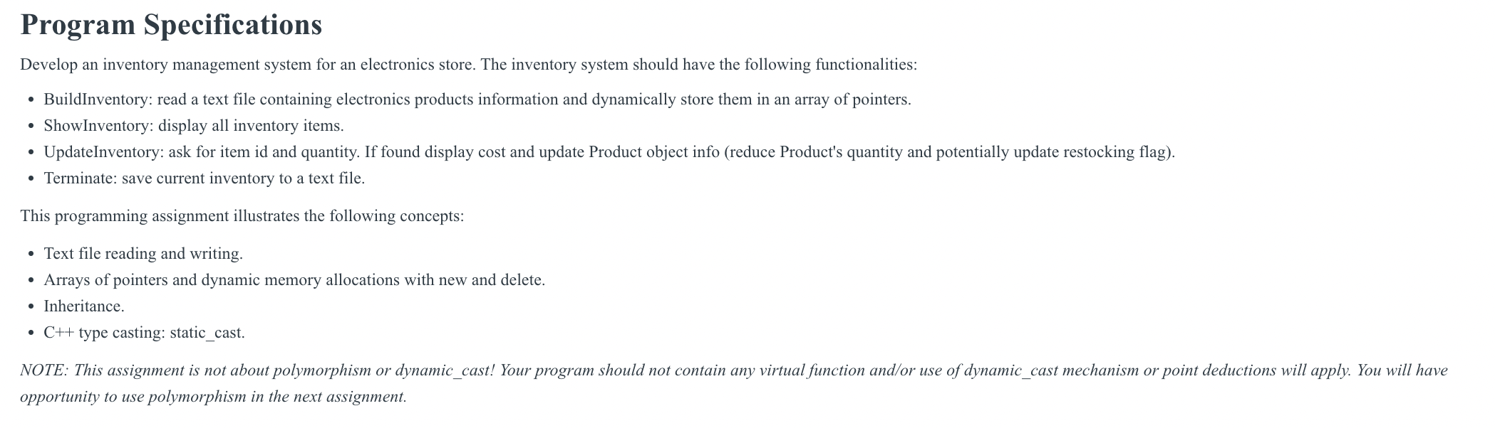 Solved Program Specifications Develop an inventory | Chegg.com