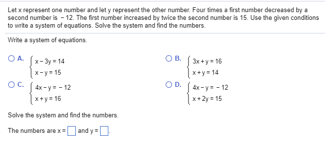 Solved Let x represent one number and let y second number is | Chegg.com