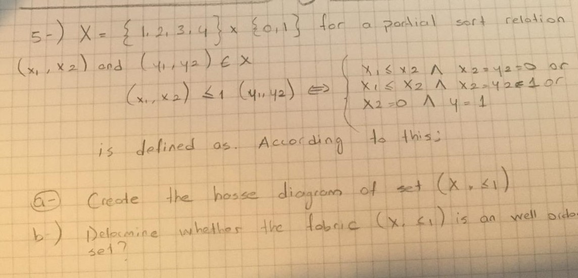 Solved relation a partial sort 5-) X = { 1, 2, 3, 47 x {0,1} | Chegg.com