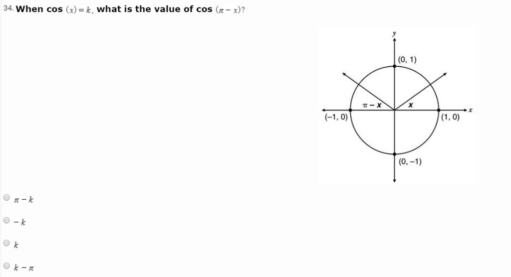 Solved 34 when cos (x)=k, what is the value of cos (π-x)? O | Chegg.com