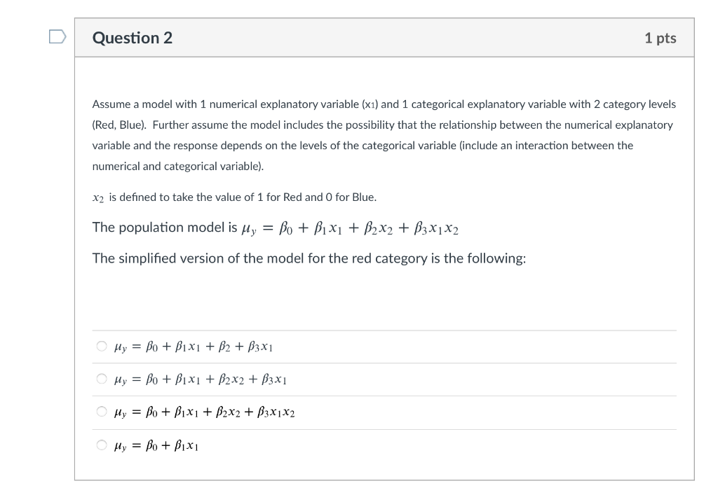 Solved 1. Assume a model with 2 numerical explanatory | Chegg.com