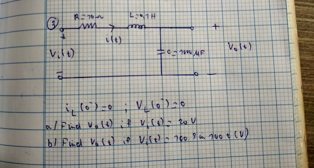 Solved iL(0−)=0;VL(0−)=0 a/F ind V0(t) if Vi(t)=2vV b) Find | Chegg.com