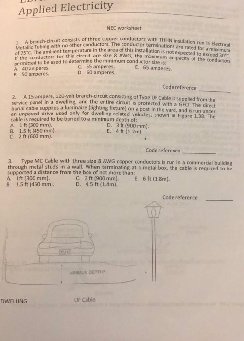 Solved Applied Electricity NEC worksheet t hree Copper | Chegg.com