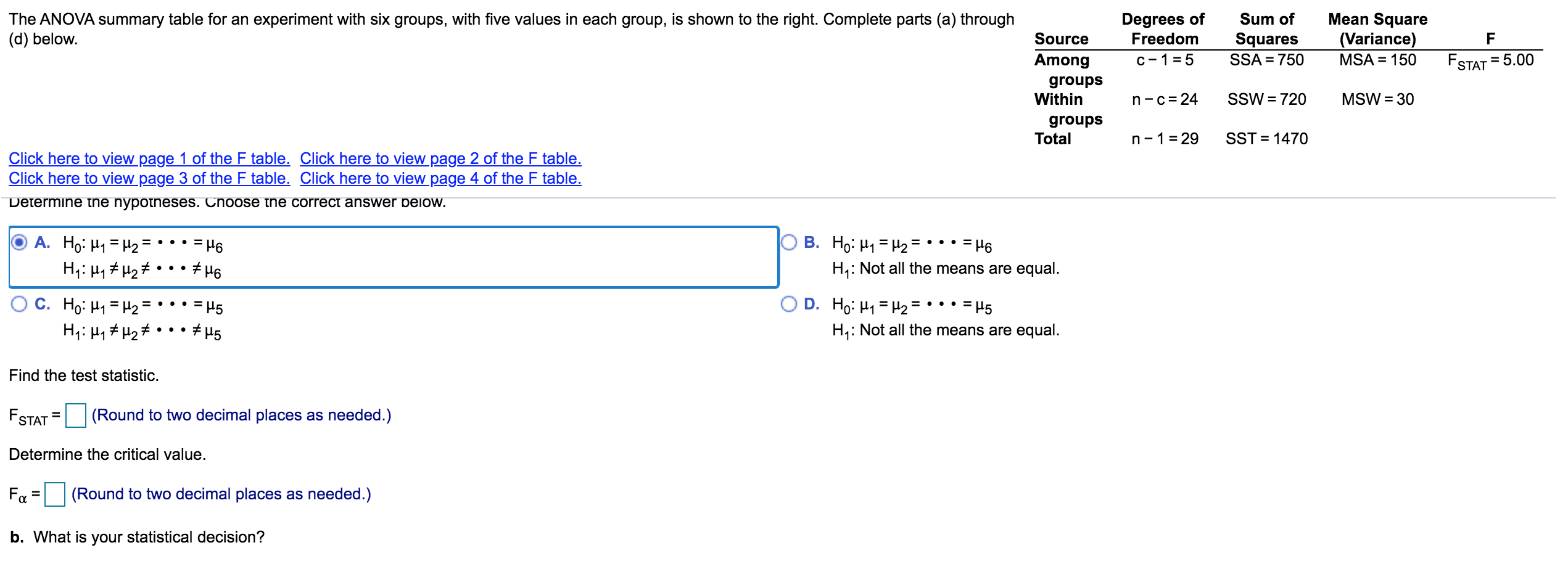 Solved The ANOVA summary table for an experiment with six | Chegg.com