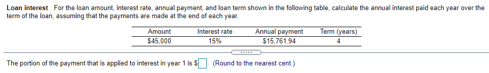Solved Loan interest For the loan amount, interest rate, | Chegg.com