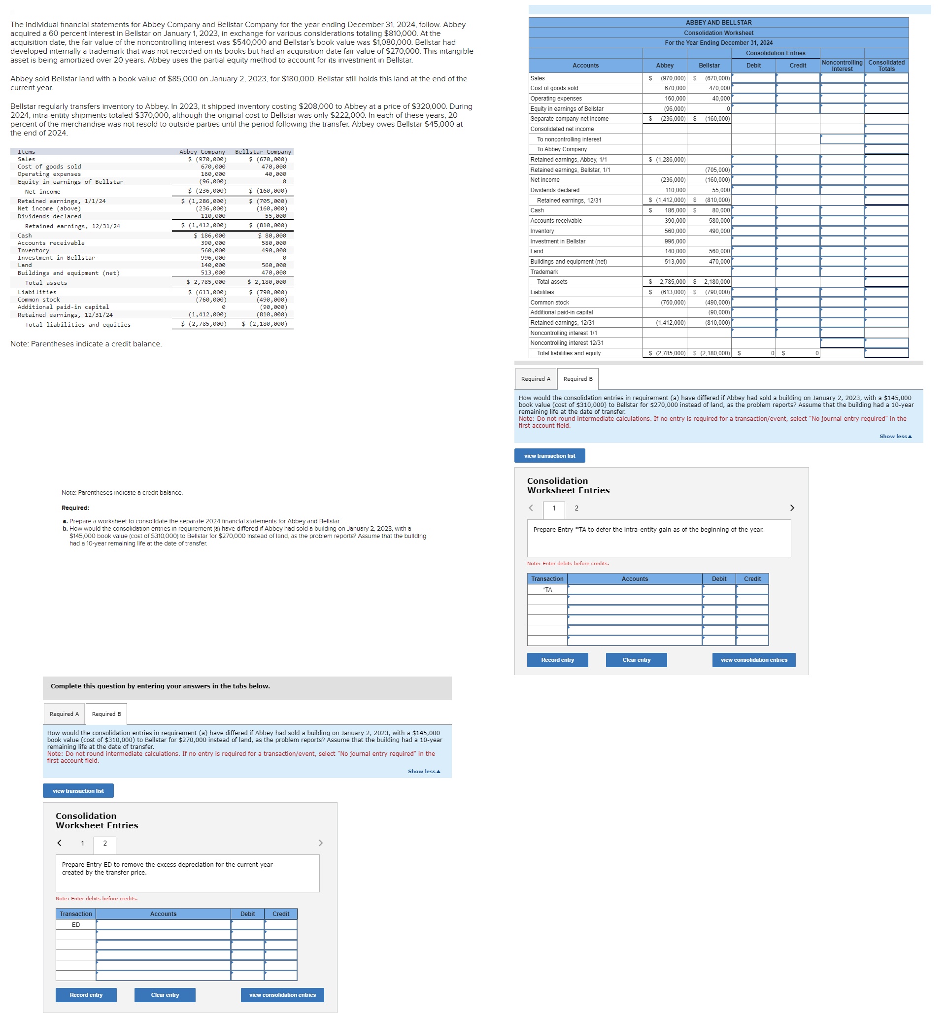 Solved The individual financial statements for Abbey Company | Chegg.com