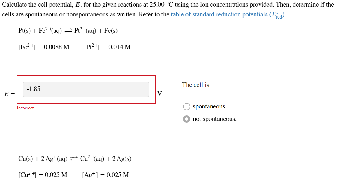 Calculate The Cell Potential E For The Given