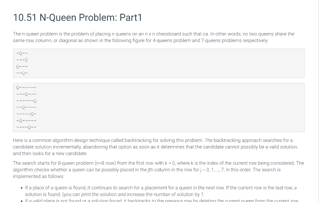 Solved 10.51 N-Queen Problem: Part1 The n-queen problem is | Chegg.com