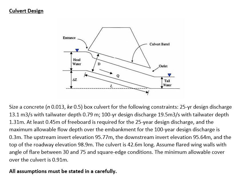 Culvert Design Entrance Culvert Barrel Head Water | Chegg.com