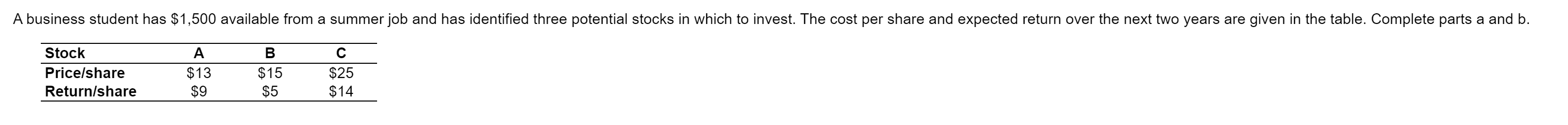 Solved \begin{tabular}{lccc} \hline Stock & A & B & C \\ | Chegg.com