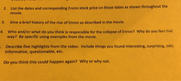 2. List the dates and corresponding Enron stock price | Chegg.com