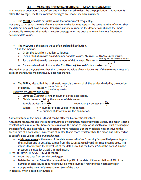 Solved 3.1 MEASURES OF CENTRAL TENDENCY: MEAN, MEDIAN, MODE | Chegg.com