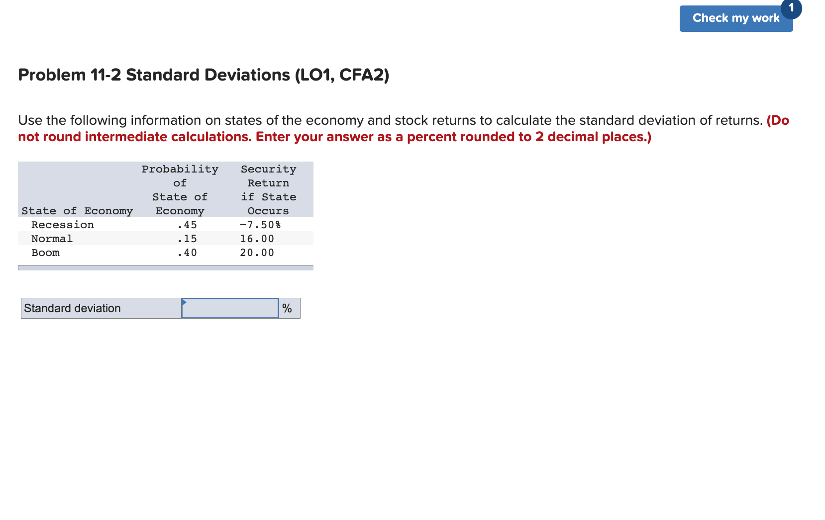 Solved Problem 11-2 Standard Deviations (LO1, CFA2) Use the | Chegg.com
