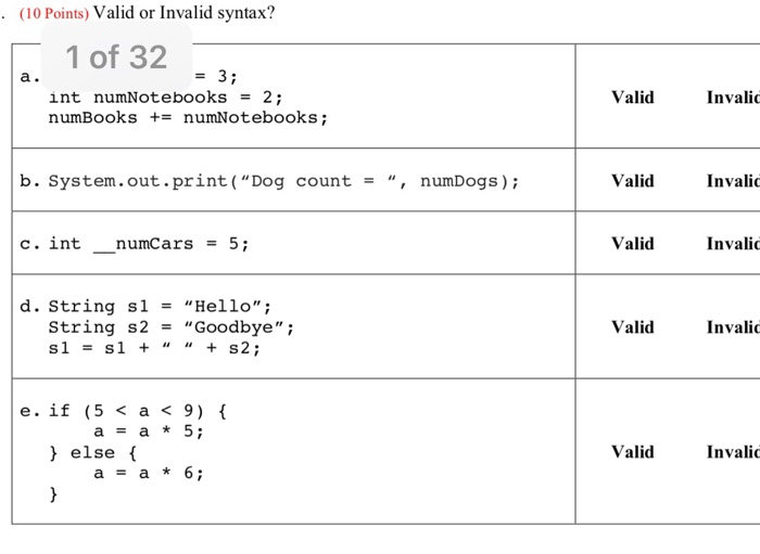 Solved (10 Points) Valid or Invalid syntax? . =3; int | Chegg.com