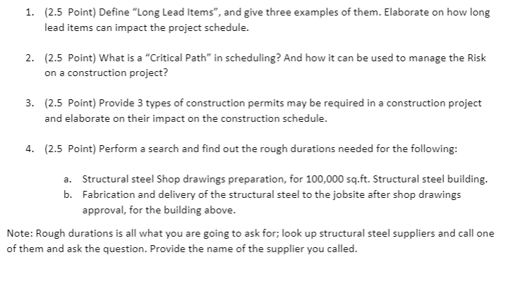 Solved 1. (2.5 Point) Define "Long Lead Items”, and give | Chegg.com