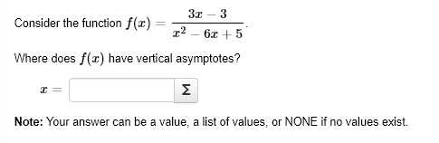 Solved Consider the function f(x)=x2−6x+53x−3. Where does | Chegg.com