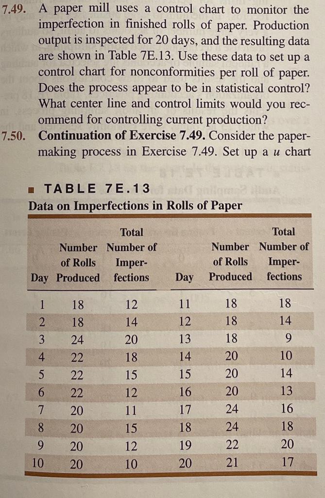 Solved 7.49. A paper mill uses a control chart to monitor | Chegg.com