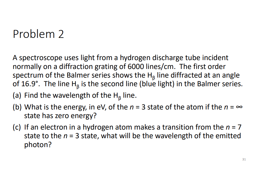 Solved Problem 2 A spectroscope uses light from a hydrogen | Chegg.com