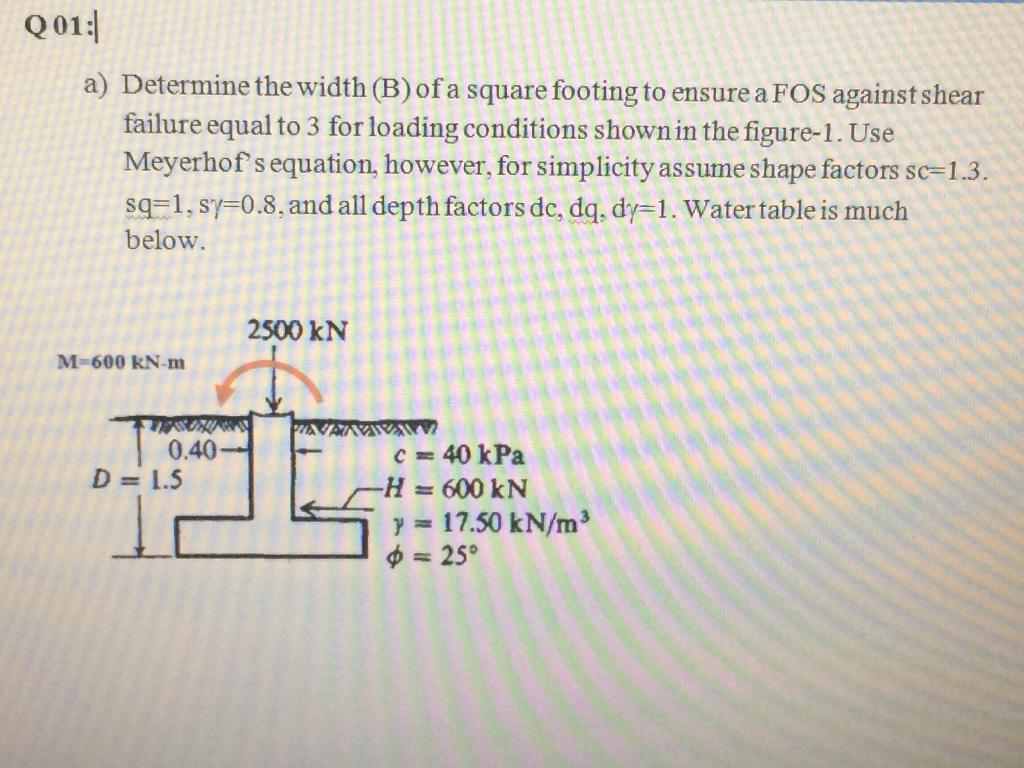 Solved Q01:1 a) Determine the width (B) of a square footing | Chegg.com
