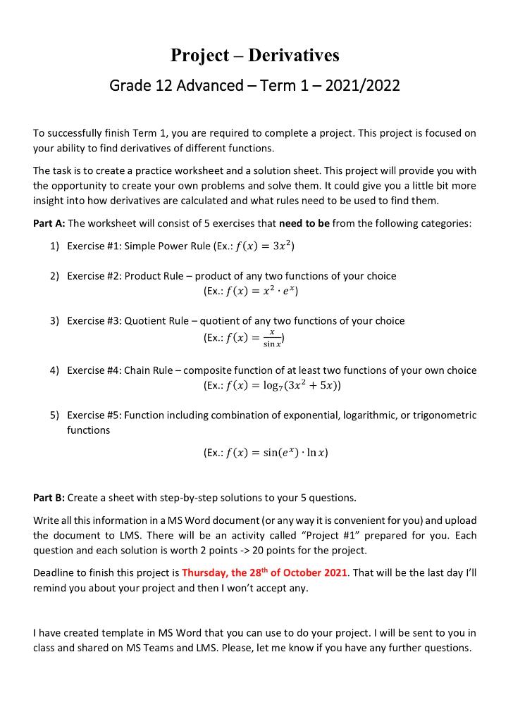 Solved Project – Derivatives Grade 12 Advanced - Term 1 - | Chegg.com