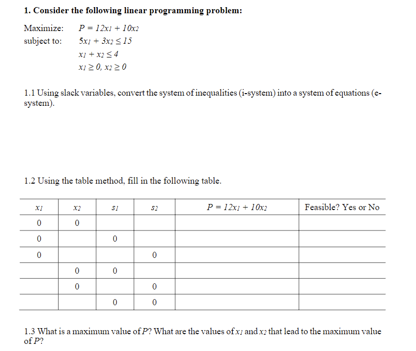 Solved 1. Consider the following linear programming problem: | Chegg.com
