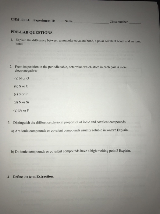 Solved CHM 130LL Experiment 10 Name: Class number PRE-LAB | Chegg.com