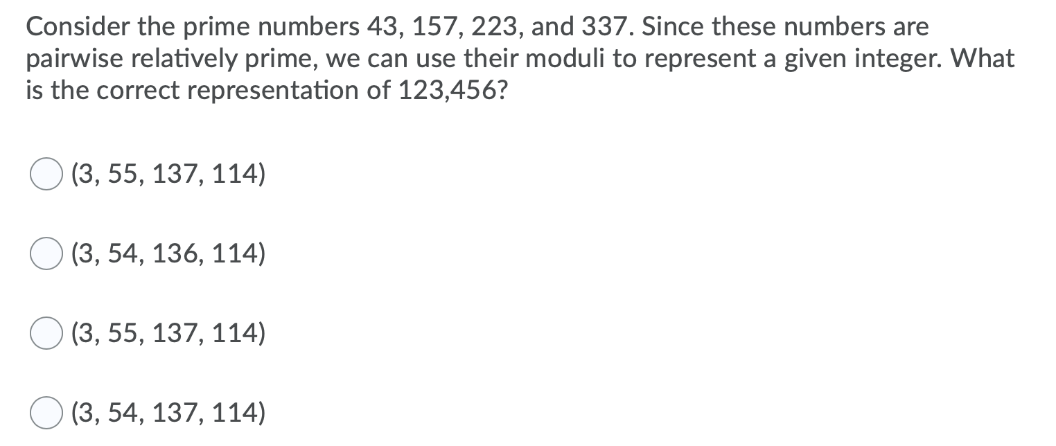 Solved Consider the prime numbers 43, 157, 223, and 337. | Chegg.com