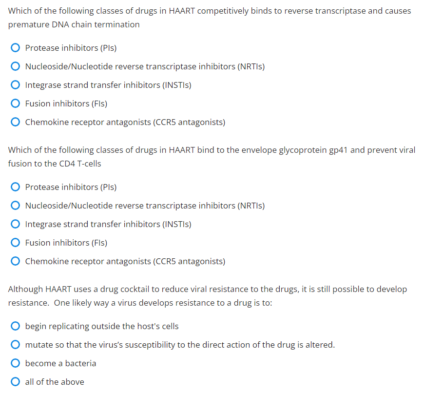 Solved Which of the following classes of drugs in HAART | Chegg.com