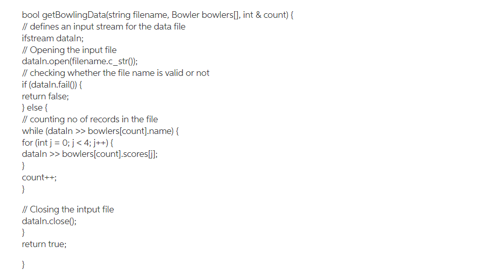 Solved bool getBowlingData(string filename, Bowler | Chegg.com