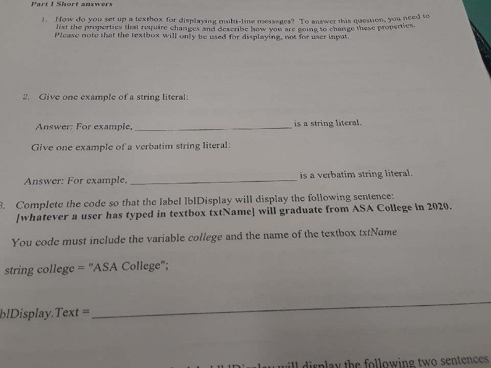 Solved Part I Short answers this question, you nced to 1. | Chegg.com