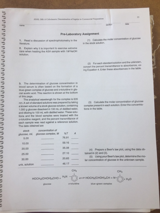 Solved Pre-Laboratory Assignment (1) Calculate the molar | Chegg.com