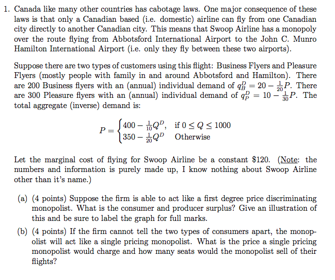 Solved 1. Canada like many other countries has cabotage | Chegg.com