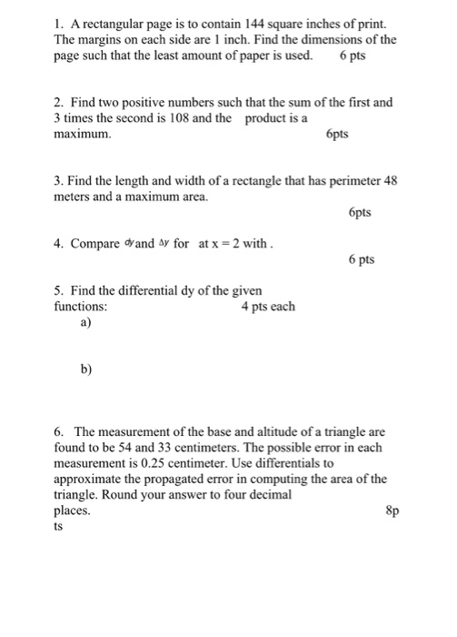 Solved 1. A rectangular page is to contain 144 square inches | Chegg.com