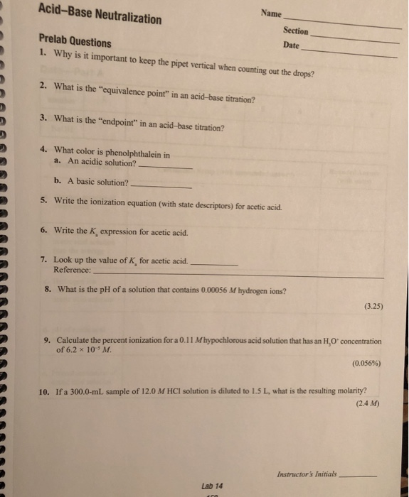 Solved Acid-Base Neutralization Name Section Prelab | Chegg.com