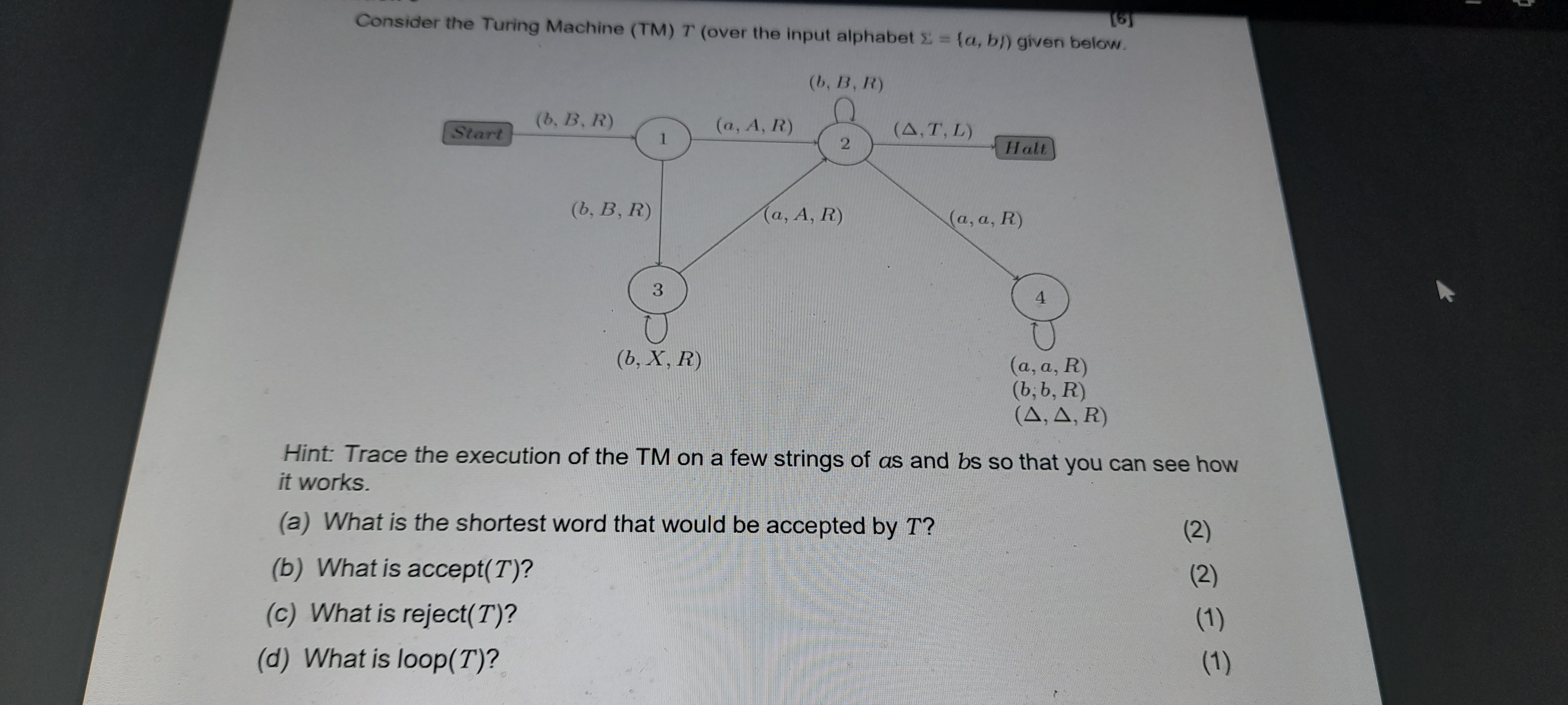 Solved Consider the Turing Machine (TM) T (over the input | Chegg.com