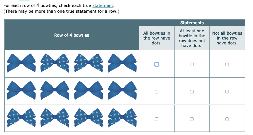 Solved For each row of 4 bowties, check each true statement. | Chegg.com