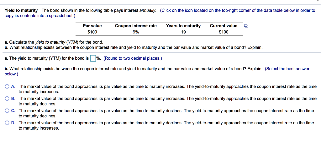 Solved Yield to maturity The bond shown in the following | Chegg.com