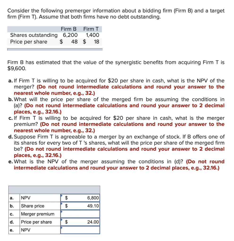 Solved Consider the following premerger information about a | Chegg.com