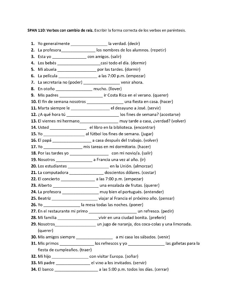 SPAN 110: Verbos con cambio de raíz. Escribir la | Chegg.com