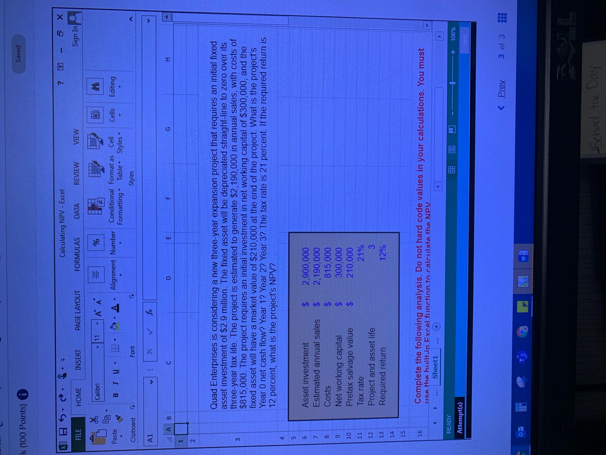 Solved Saved k (100 Points) i X 5 Calculating NPV - Excel IN | Chegg.com
