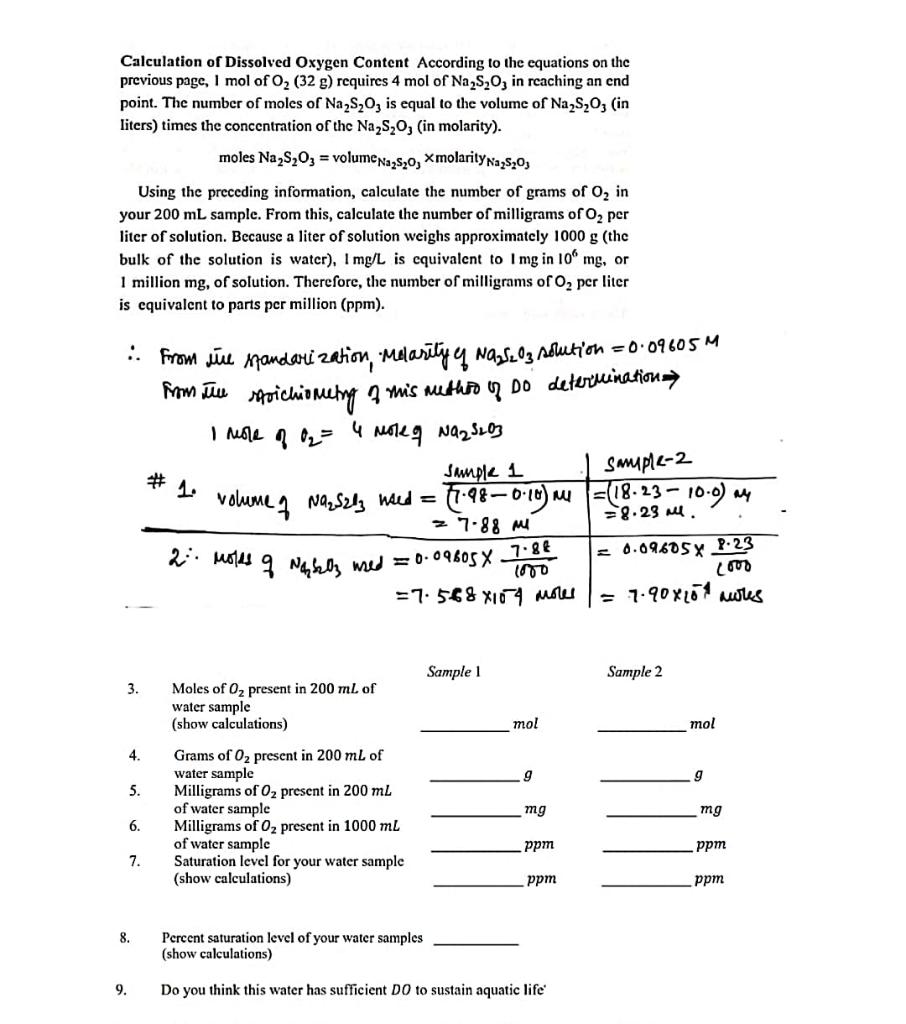Solved Calculation of Dissolved Oxygen Content According to | Chegg.com