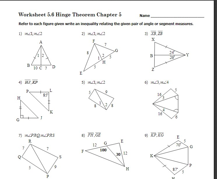 Solved Name Worksheet 5 6 Hinge Theorem Chapter 5 Refer To Chegg