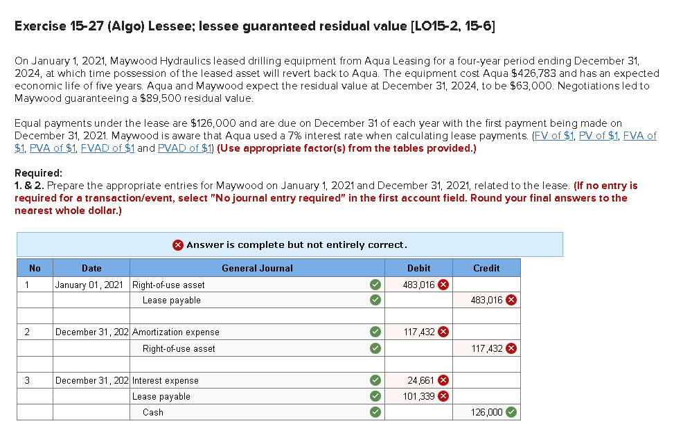 Solved Exercise 15-27 (Algo) Lessee; lessee guaranteed | Chegg.com Solved Exercise 15-27 (Algo) Lessee; lessee guaranteed | Chegg.com