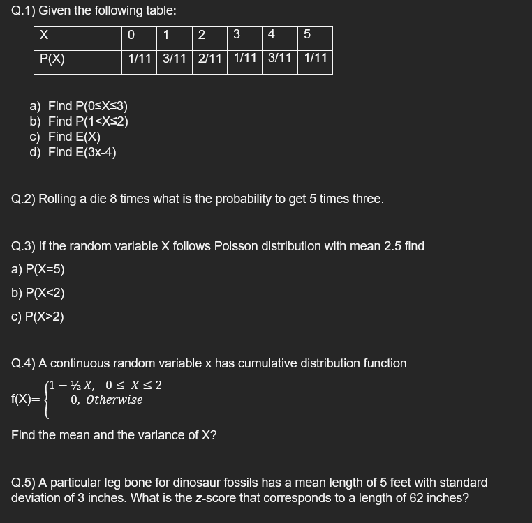 Solved Q.1) Given the following table: a) Find P(0≤X≤3) b) | Chegg.com