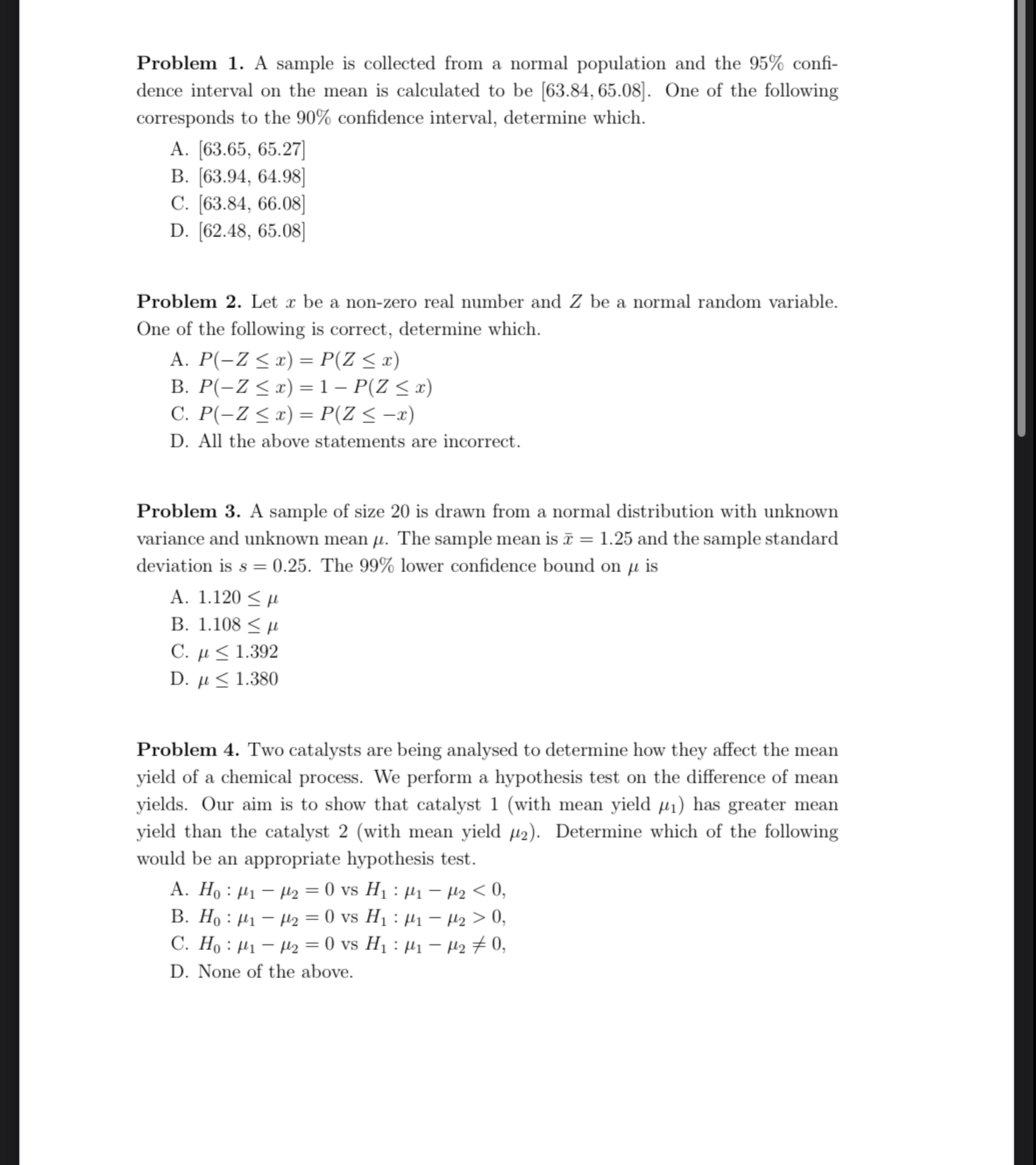 Solved Problem 1. ﻿A sample is collected from a normal | Chegg.com