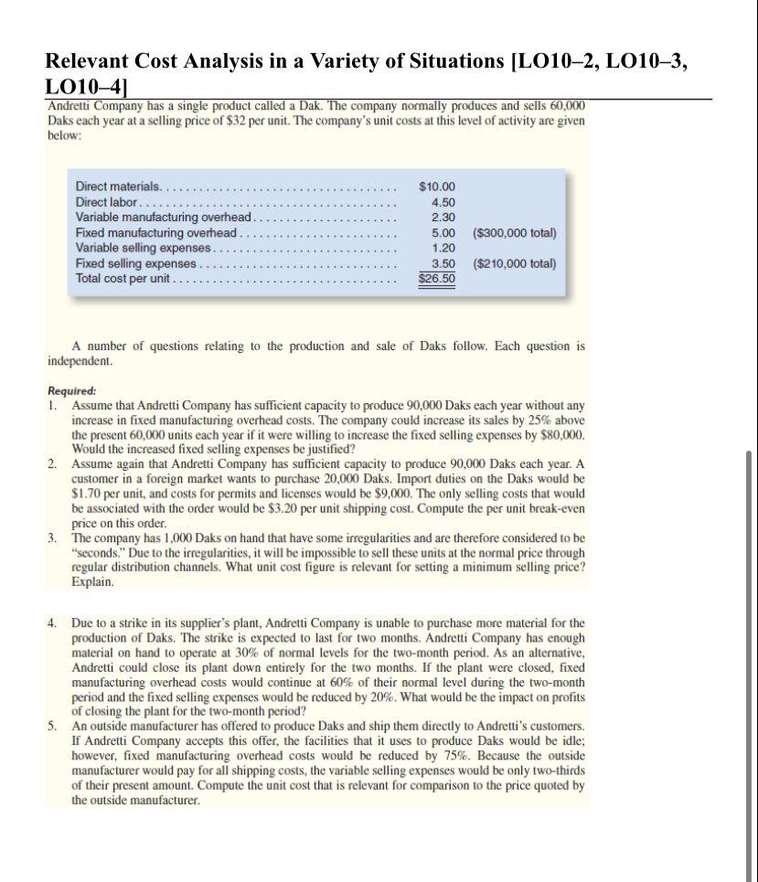 Solved Relevant Cost Analysis in a Variety of Situations | Chegg.com