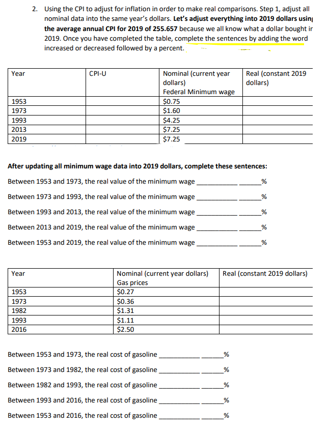 Solved 2. ﻿Using the CPI to adjust for inflation in order to | Chegg.com